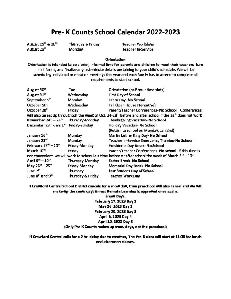 Calendar Meadville Cooperative Preschool Calendar Meadville Cooperative Preschool